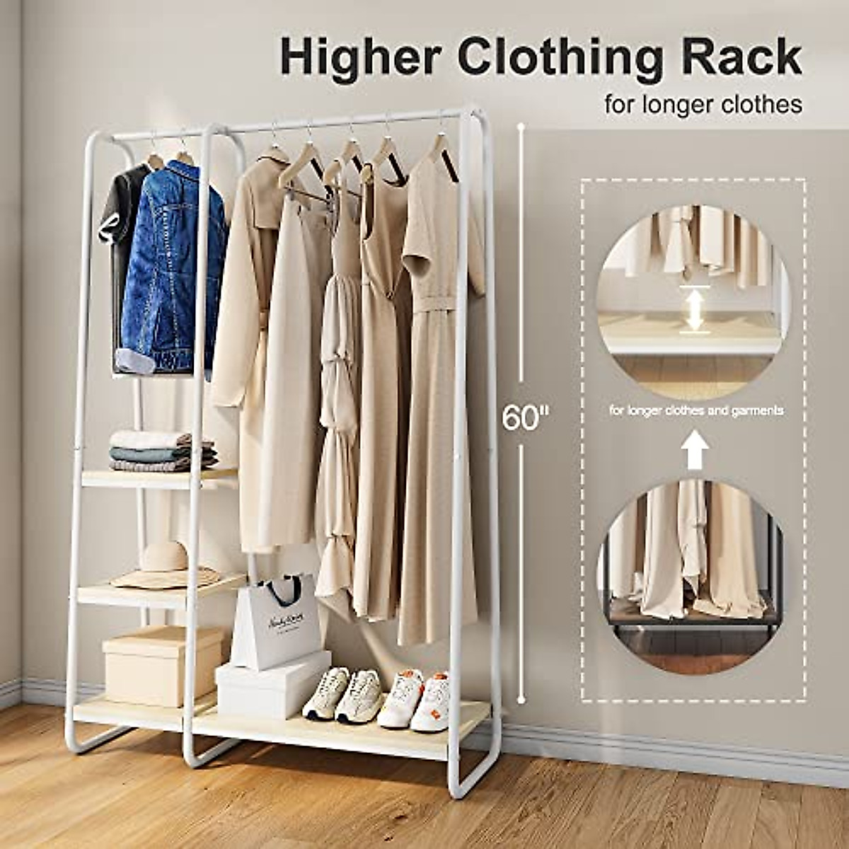 Raybee White Clothing Rack with Shelves, Heavy Duty Clothes Racks for Hanging Clothes Metal Clothing Rack Portable Wardrobe Rack Garment Rack Holds 245LBS 15.6" D x 39.9" W x 67.1" H