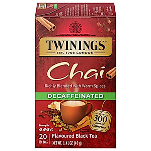 Twinings Decaffeinated Chai Tea, Black Tea Blend with Cinnamon, Ginger, Cardamon, Cloves for a Sweet and Spicy Flavor, 20 Count