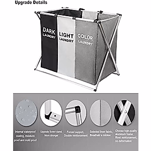 Laundry Cloth Hamper Sorter Basket Bin Foldable 3 Sections with Aluminum Frame Washing Storage Dirty Clothes Bag for Bathroom Bedroom Home Storage Basket (Black+Gray+Dark grey, 3 Liner)