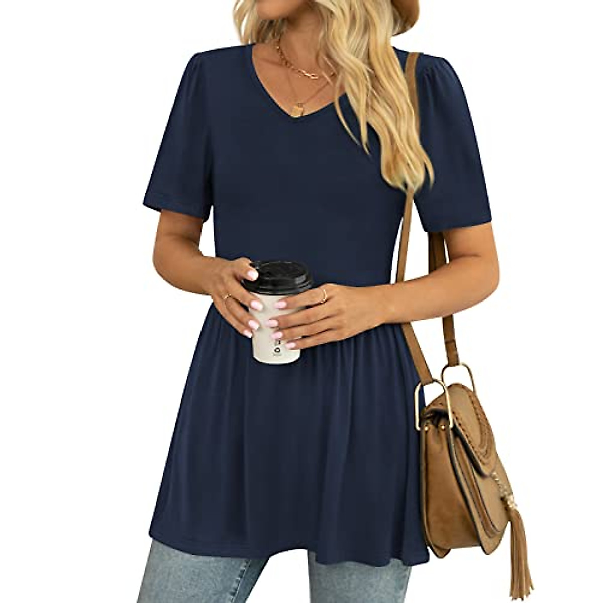 YVH Women's Tunic Tops for Summer Casual V-Neck Babydoll Shirts Short Sleeve Blouse, Navy Blue, XL