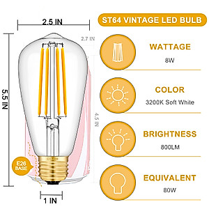 CRLight 8W Dimmable LED Edison Bulb 80W Equivalent 800LM, 3200K Soft White E26 Vintage Clear ST64 Lengthened Filament LED Bulbs, Smooth Dimming Version, 6 Pack