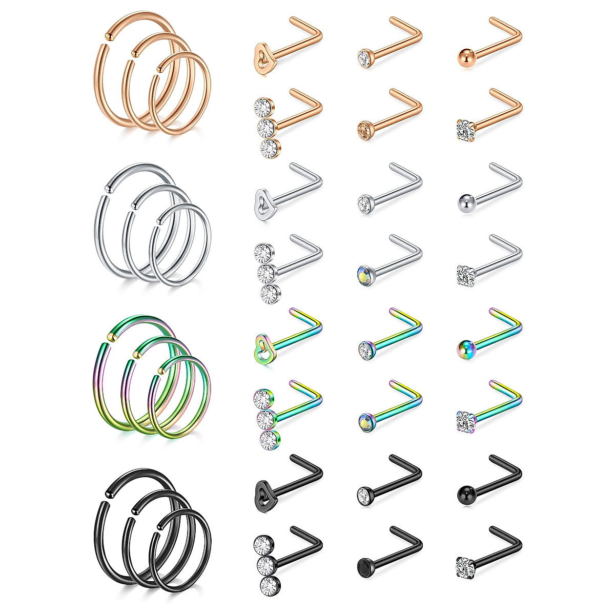 Mayhoop 18g Stainless Steel Nose Rings Hoop L Shape Nose Studs Nose Screw Bone Silver Rose Gold Black Rainbow Pack for Women Men