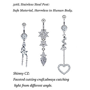 Vsnnsns Belly Button Rings, 7Pcs 14G Stainless Steel CZ Opal Long Dangle Piercing Jewelry for Women Men, Silver