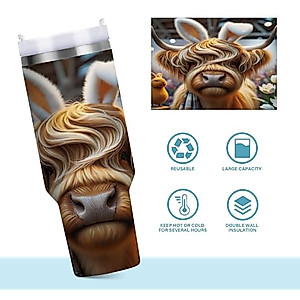 RPLIFE Easter Cute Highland Bunny Ears 40 Oz Tumbler with Handle, Stainless Steel Water Bottle with Straw, Coffee Tumbler