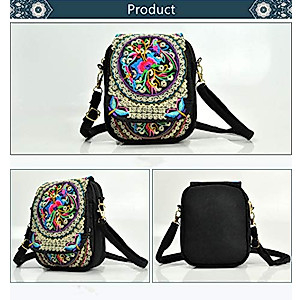 BigBigMe Women Ethnic Embroidered Handmade Mini Canvas Crossbody Shoulder Boho Travel Handbag Cell Phone Purse Wallet, Multicolor, 5.9 * 1.9 * 7.0 inch