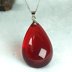 DUOVEKT Natural Red Blood Amber Pendant Necklace,Amber Stone Pendant Jewelry For Women Lady Men Crystal Beads35x20mm Water Drop Gemstone,Silver Chains