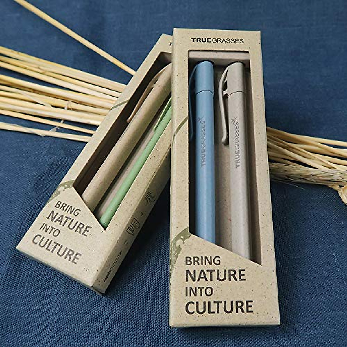 TRUEGRASSES BALL PEN 15cm (Blue/Black/0.7mm), Material: Grasses/Straw + PP (2-Pack, Set of 2, Beige/Green/Blue/Gray)