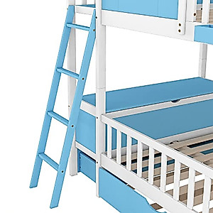 Lepfun Bunk Bed,Full Over Full Size Bunk Bed with Twin Size Trundle Bed, Farmhouse Bed with Storage Box and A Big Drawer for Kidroom,Bedroom and Dorm,Noise Free,No Box Spring Needed,Blue