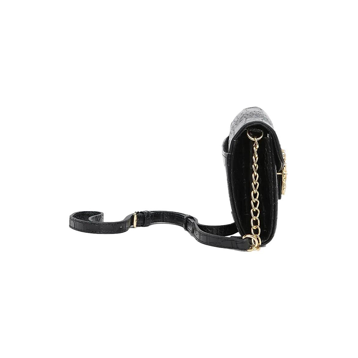 Betsey Johnson Crocodile Embossed Wallet Crossbody W/Chain Faux Pearl Crystal Rhinestone Gold Tone Heart Detail Handbag