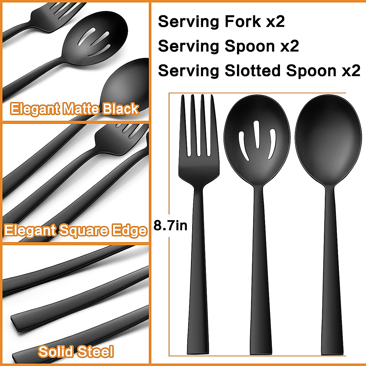 E-far Matte Black Serving Utensils Set of 6, Stainless Steel 8.7 Inch Hostess Serving Set with Square Edge, Metal Serving Slotted Spoons Forks for Party Buffet Catering