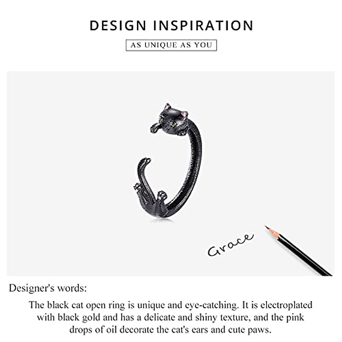 RUKYF 925 Sterling Silver Black Cat Rings with Black Gold Plating Dainty Stackable Adjustable Rings for Women Men Cute Cat Gifts for Cat Lovers