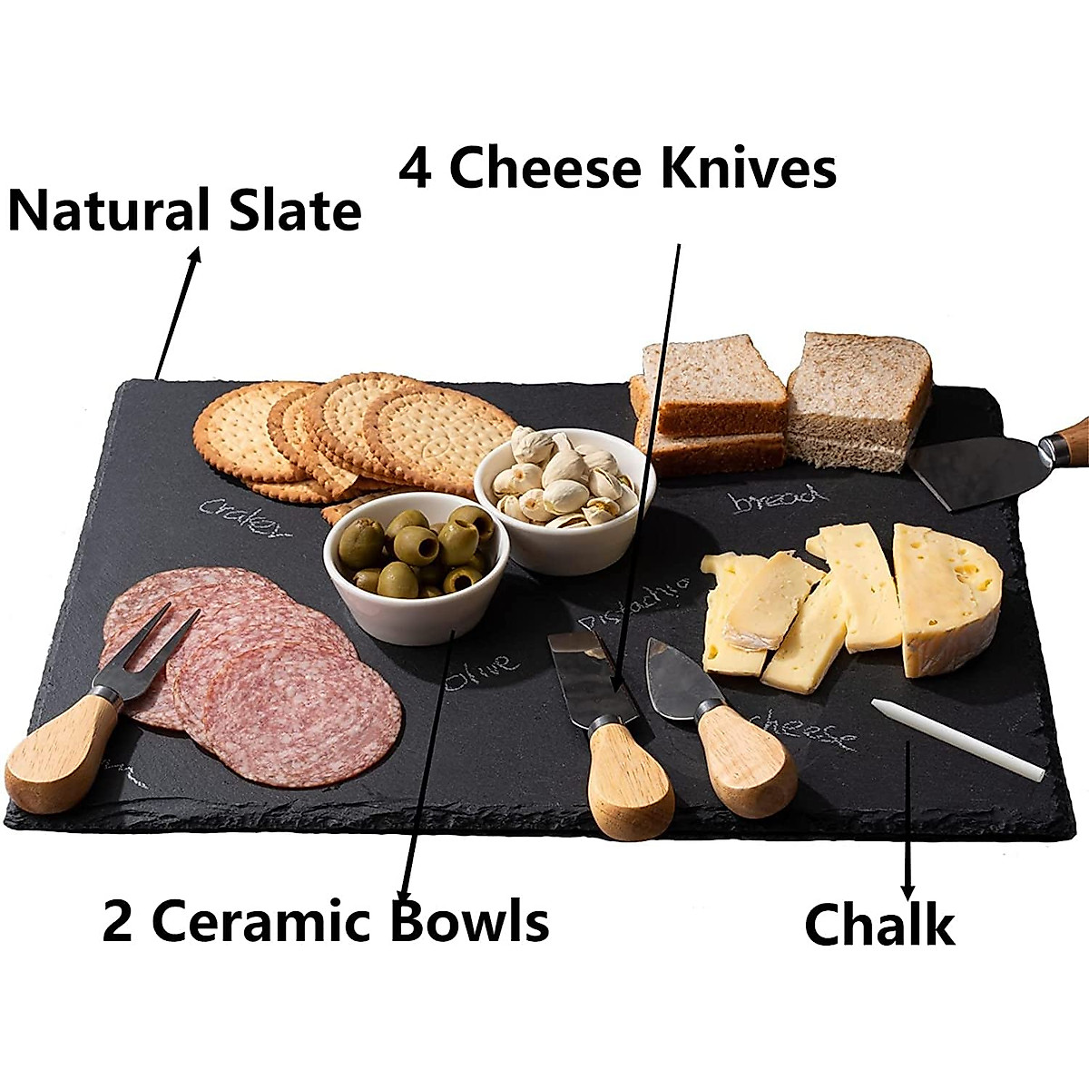WLWNWFT 1 Pc 16 x 12 inch Slate Cheese Board Large Slate Board Set Slate Stone Board Slate Cheese Tray Serving Tray with 4 Knives Forks, 2 Ceramic Bowls and Chalk Christmas