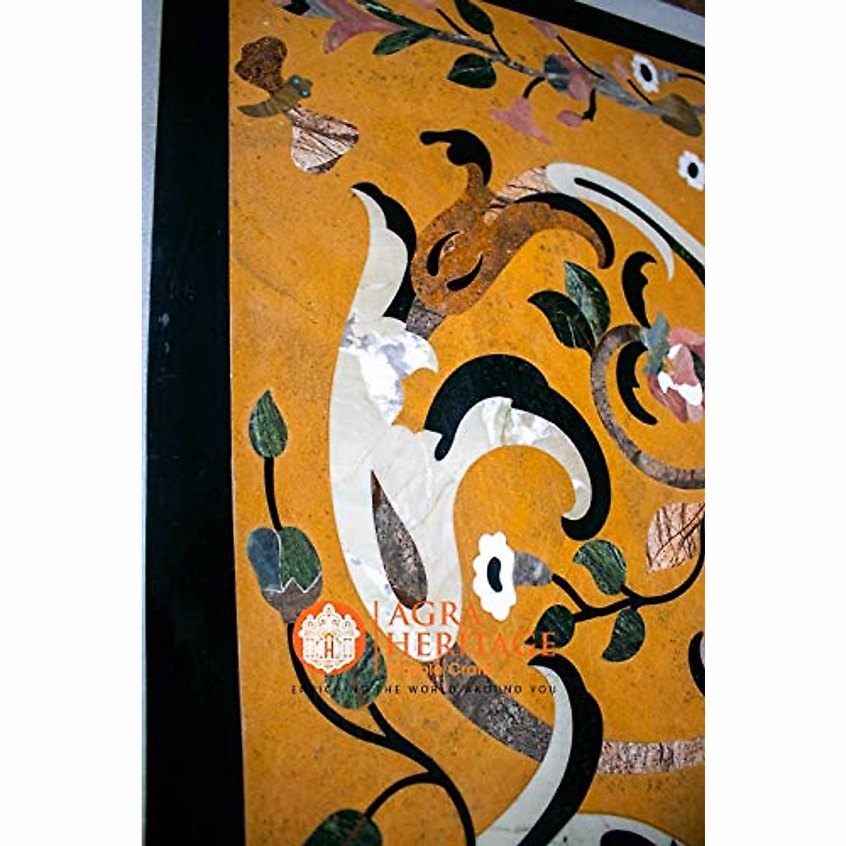 Black Marble Dining Outdoor Table Top Marquetry Inlay Handicraft Design Living Restaurant Decor | 60"x36" Inches