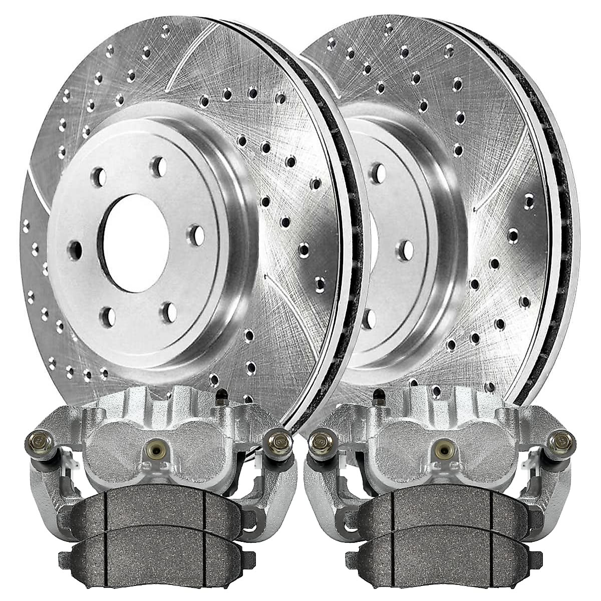 AutoShack Front Drilled and Slotted Brake Rotors Silver Calipers and Ceramic Pads Kit Set Driver and Passenger Side Replacement for Suzuki Equator Nissan Xterra Pathfinder 2005-2022 Frontier BCPKG0634