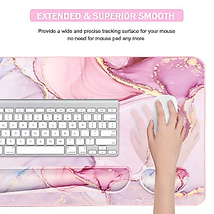 Keyboard Mouse Pad Set, Extended Mouse Pad+Keyboard Wrist Rest Support, Memory Foam Ergonomic Easy Typing, 3Pcs (35.4×15.7 in) Desk Pad Set for Home Office Study Game- Pink Marble