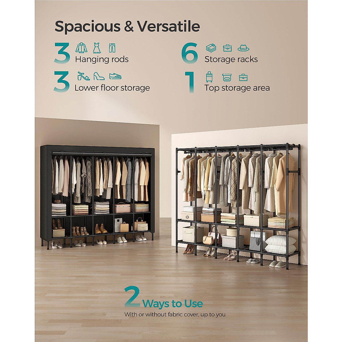 SONGMICS Wardrobe Closet, 83.5 Inch Large Capacity Portable Closet, Clothing Rack, 25 mm Dia,Thick Steel Tubes, Clothes Organizer with Fabric Cover, 5 Hanging Rails, 10 Shelves, Ink Black URDR095B01