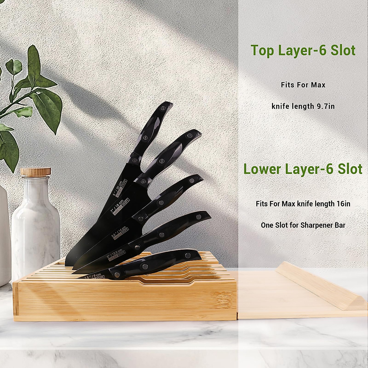 Woodfinity Bamboo Knife Drawer Organizer, Knife Drawer Organizer Insert, Kitchen Drawer Knife Holder for 12 Knives and and 1 Sharpening Steel (Without Knives)