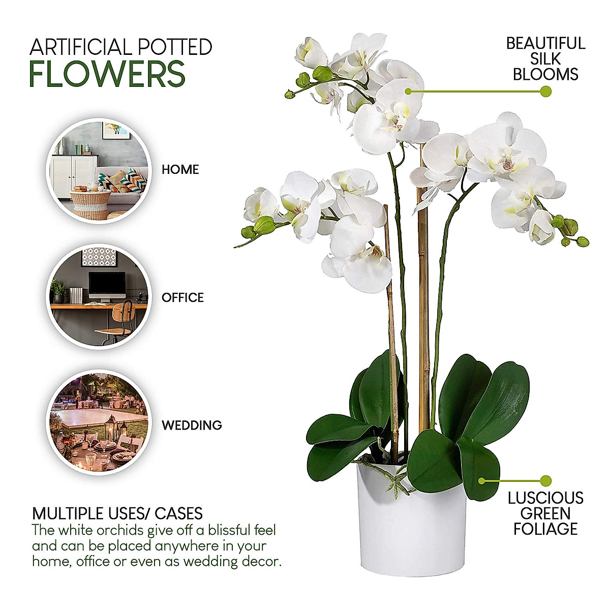 Serene Spaces Living 3 White Realistic Phalaenopsis Orchids in Pot, Artificial Potted Flowers - Beautiful Entryway Vase, Foyer Table Décor, Measures 26" Tall & 5" Diameter