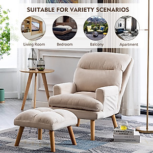 CANMOV Modern Accent Chair with Ottoman, Soft Fabric Armchair with Adjustable Backrest and Side Pockets, Comfy Lounge Chair for Living Room, Bedroom, Apartment, Office, Beige