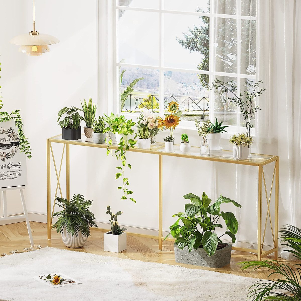 SUPERJARE 70 Inch Console Table with LED Light Strips, Gold Entryway Table with Tempered Glass, Sofa Table, Hallway Table for Entryway, Rubber Pads, for Living Room, Front Door, Gold