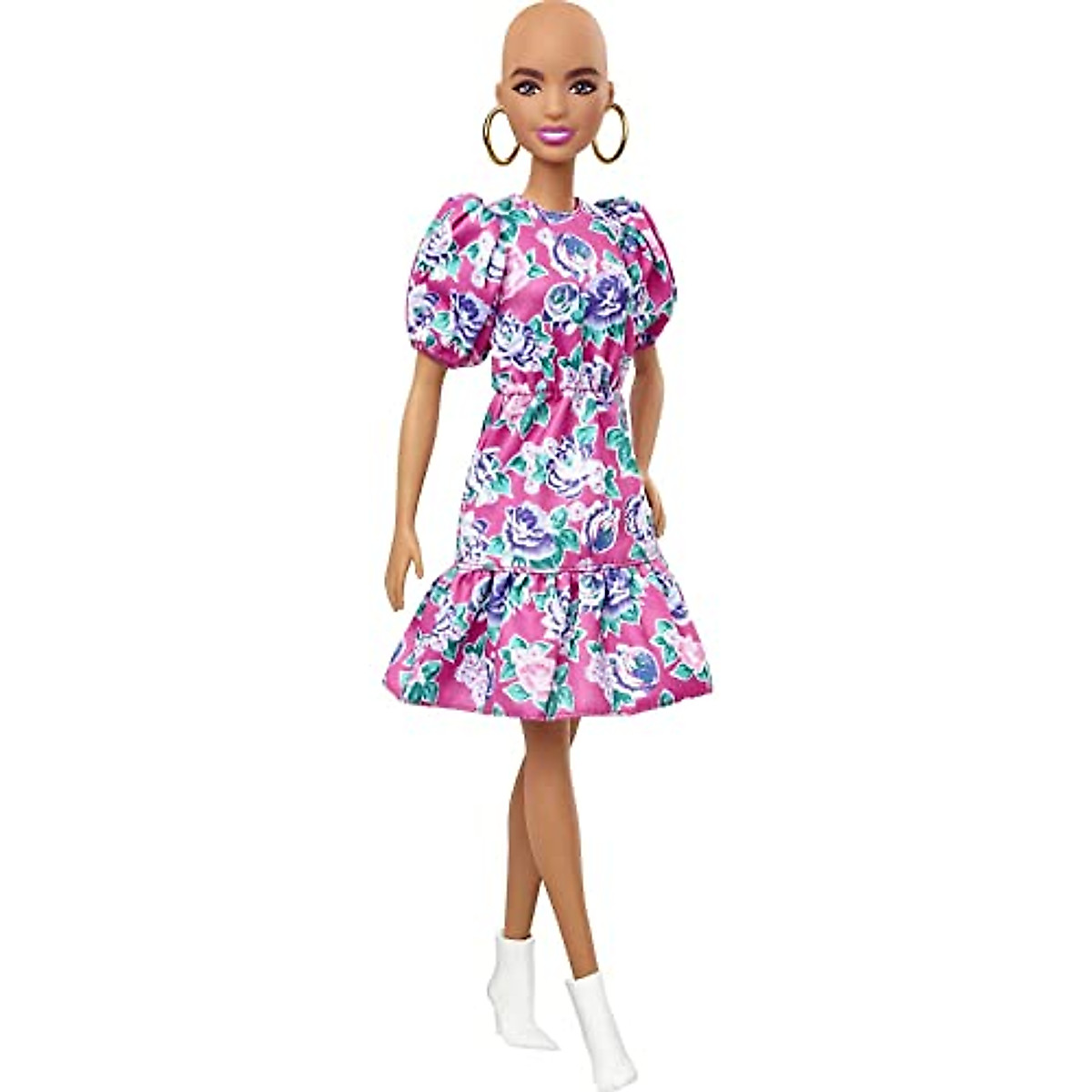 Barbie Fashionistas Doll #150 with No-Hair Look Wearing Pink Floral Dress, White Booties & Earrings, Toy for Kids 3 to 8 Years Old