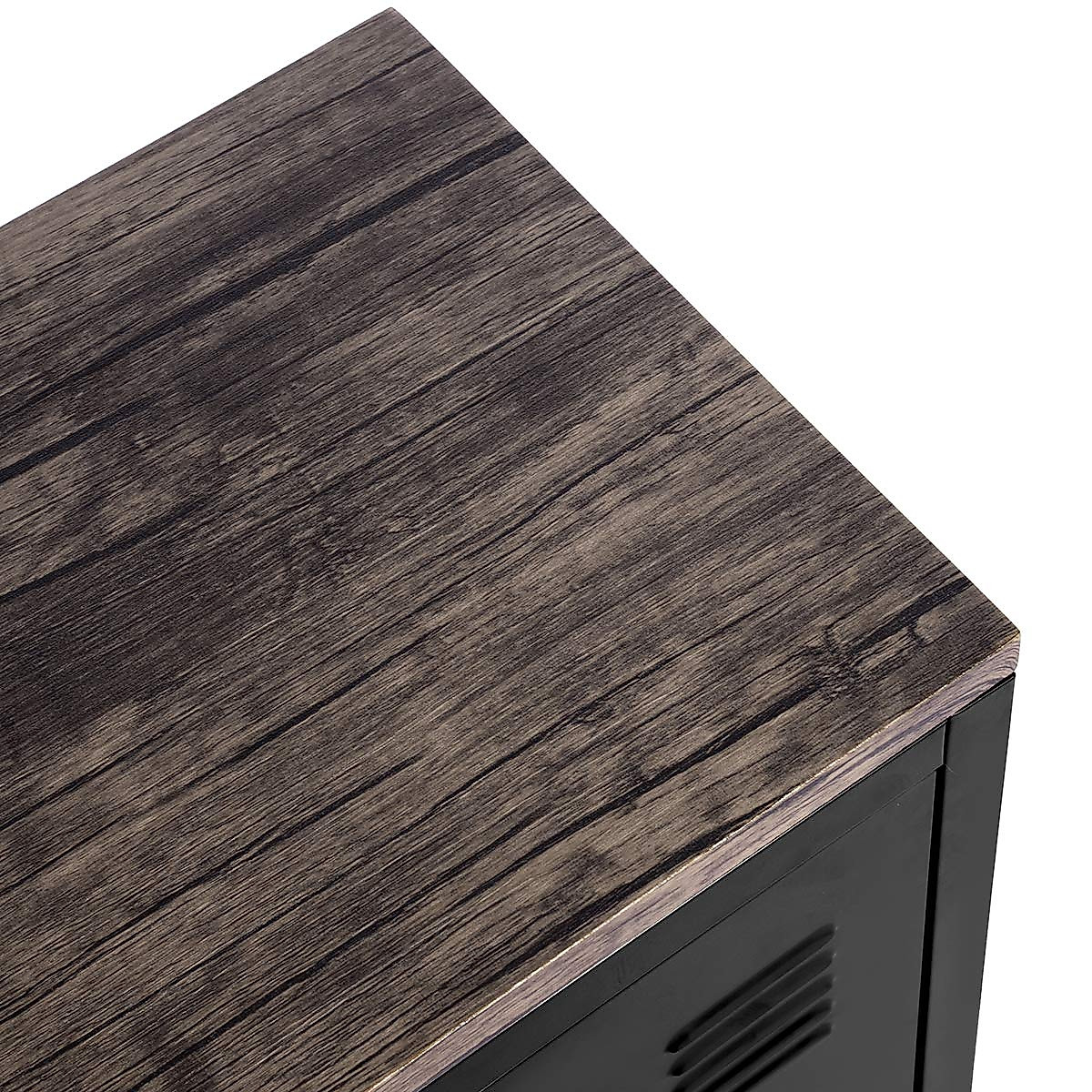 FurnitureR Office File Storage Console Cupboard Metal Cabinet 3 Door Cupboard Locker Organizer with Walnut MDF Top Black Metal Frame