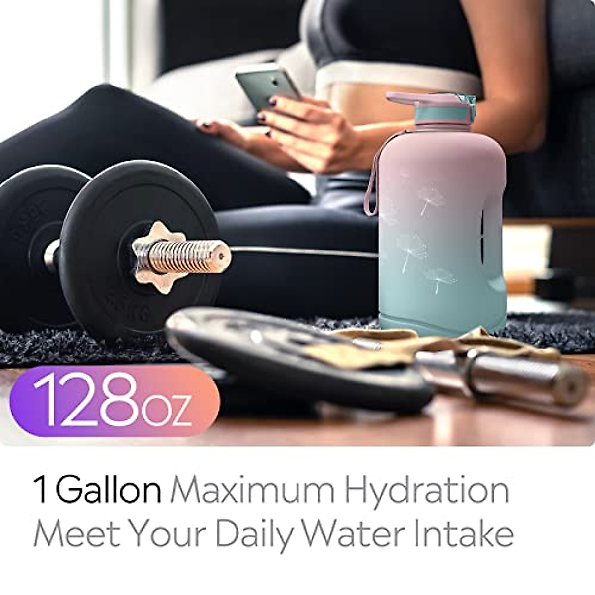 TOBA 1 Gallon Motivational Water Bottle -128 oz BPA Free Water Jug Large Sports Water Bottle Leakproof Drinking Bottle Women/Men for Fitness Gym Outdoor Activity, Pink Dandelion