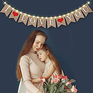 I Love You Burlap Banner for Valentine's Day Decoration, Love Heart Hanging Sign with 8 Modes LED String Light, Wedding Engagement Party Bunting Garland for Valentines Day Dating Home Decor