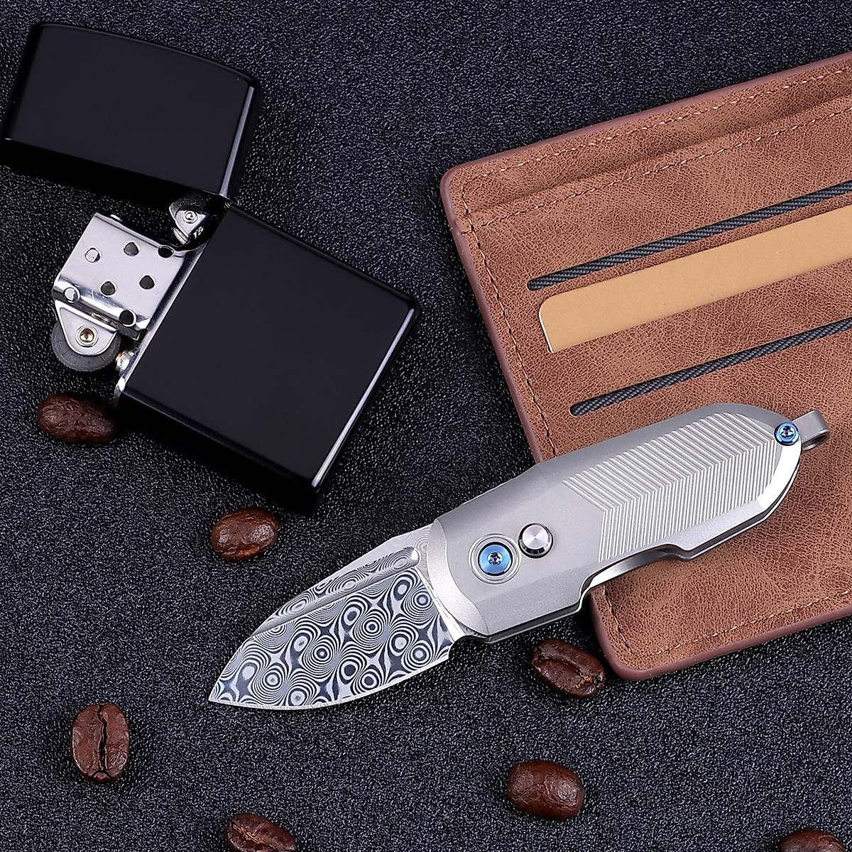 XTOUC Small Pocket Knife,1.38" Damascus Blade EDC Folding Knives with Button Lock Titanium Handle Knifes TD774