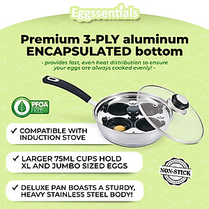 Eggssentials Egg Poacher Pan Nonstick Poached Egg Maker, Stainless Steel Egg Poaching Pan, Poached Eggs Cooker Food Grade Safe PFOA Free with Spatula