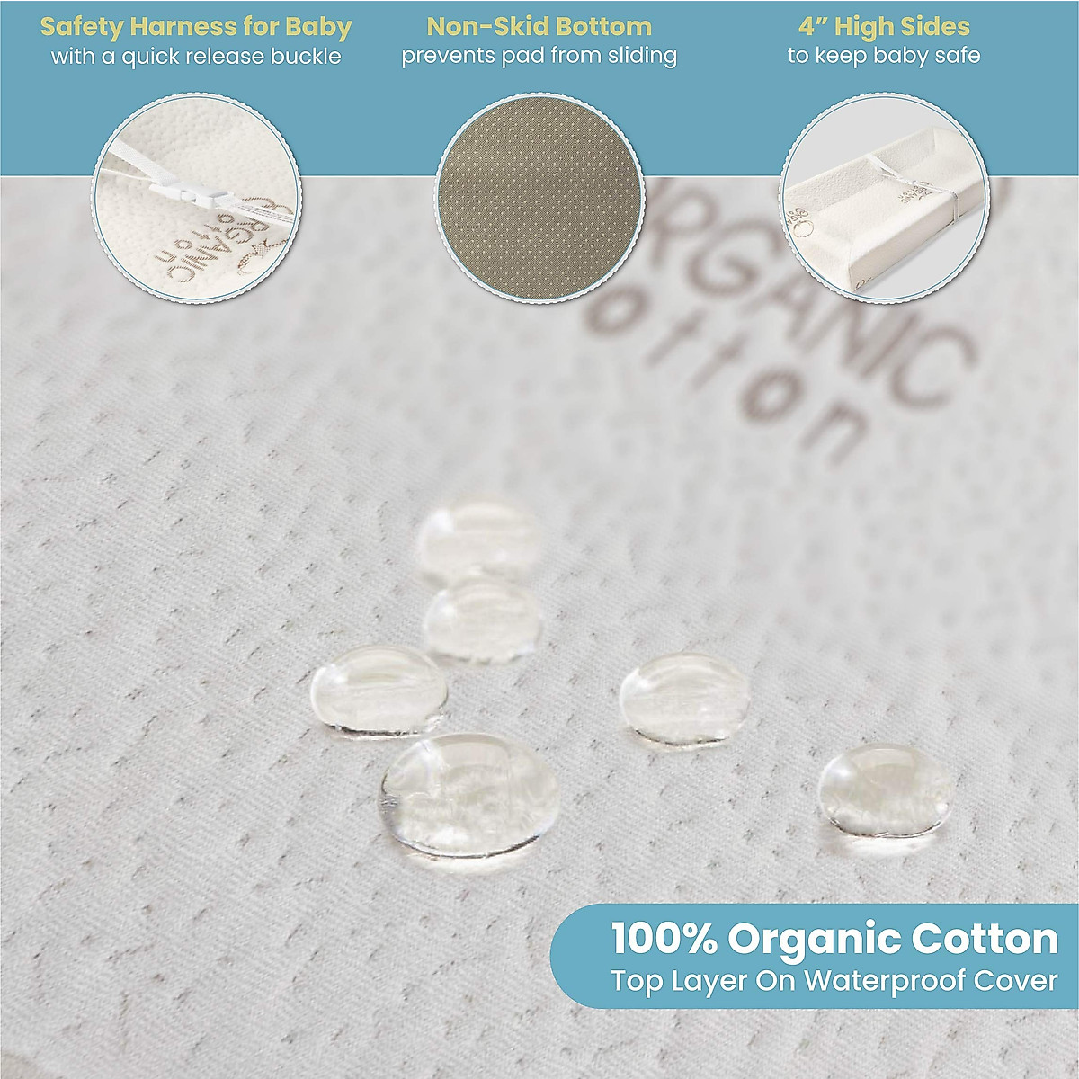 LA Baby 4-Sided Diaper Changing Pad, 32" with 100% Organic Cotton Top Layer on Waterproof Cover - Made in USA. Non-Skid Bottom, Safety Strap, Fits All Standard Changing Tables/Dresser Tops