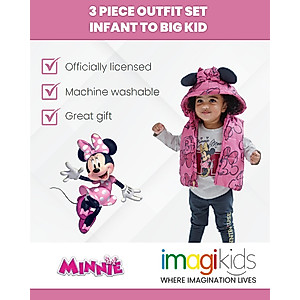 Disney Minnie Mouse Toddler Girls Zip Up Vest Puffer T-Shirt and Leggings 3 Piece Outfit Set Pink/Gray 2T