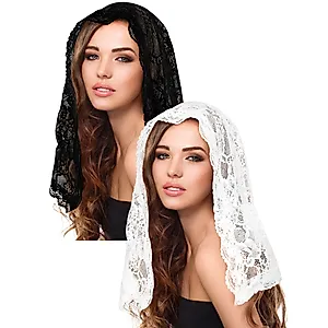 Bencailor 2 Pcs Lace Veils for Church Mantilla Catholic Veil Latin Mass Head Covering Veils for Bridal Women (Classic Style,M)