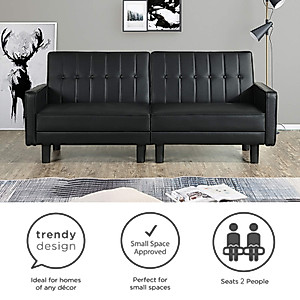 IPKIG 73.2" Futon Sofa Bed, Convertible Sleeper Sofa, Loveseat Couch, Faux Leather Split-Back Sofabed for Small Spaces Room Home Office Hotel with Adjustable Backrest and Side Pockets (Black)