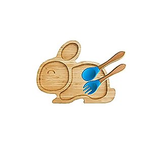 Rabbit Bamboo Suction Plate Bamboo Toddler Plates and Spoon Fork for Kids Self Feeding (blue)