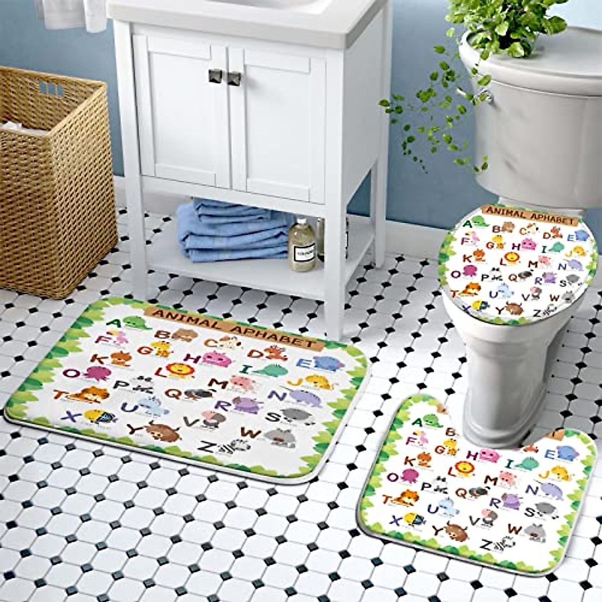 KINUUIS 4PC Animals Alphabet Bathroom Shower Curtain Sets Kids Bathroom Sets Cartoon Bathroom Sets with Rugs and Accessories Cute Style Shower Curtain for Bathroom Decoration