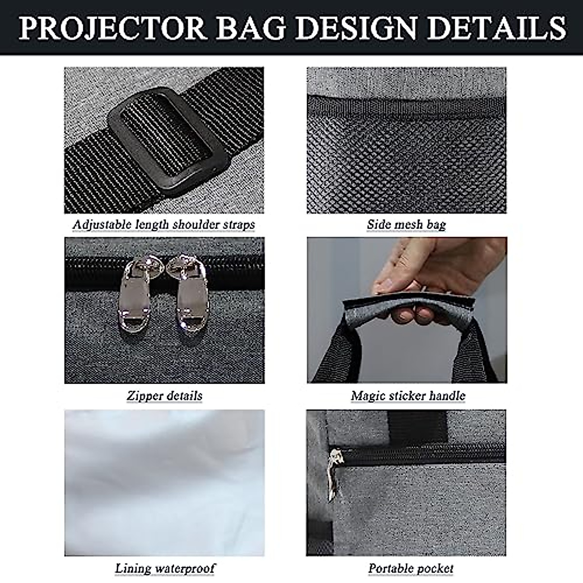Projector Bag, Projector Case with Cable Storage Bag Large Capacity with Adjustable Strap & Handles Front Pocket & Double Side Pocket Projector Travel Carrying Bag Compatible with Most Projectors