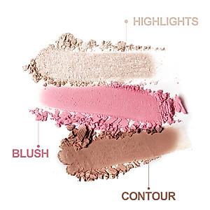 MEICOLY 3-in-1 Compact Powder Blush Highlighter Contour Makeup Set,Silky Smooth Face Blush Cheek Tint,Moisturizing Face Luminizer Bronzer for Women,Trio Eyeshadow Powder Makeup,Medium