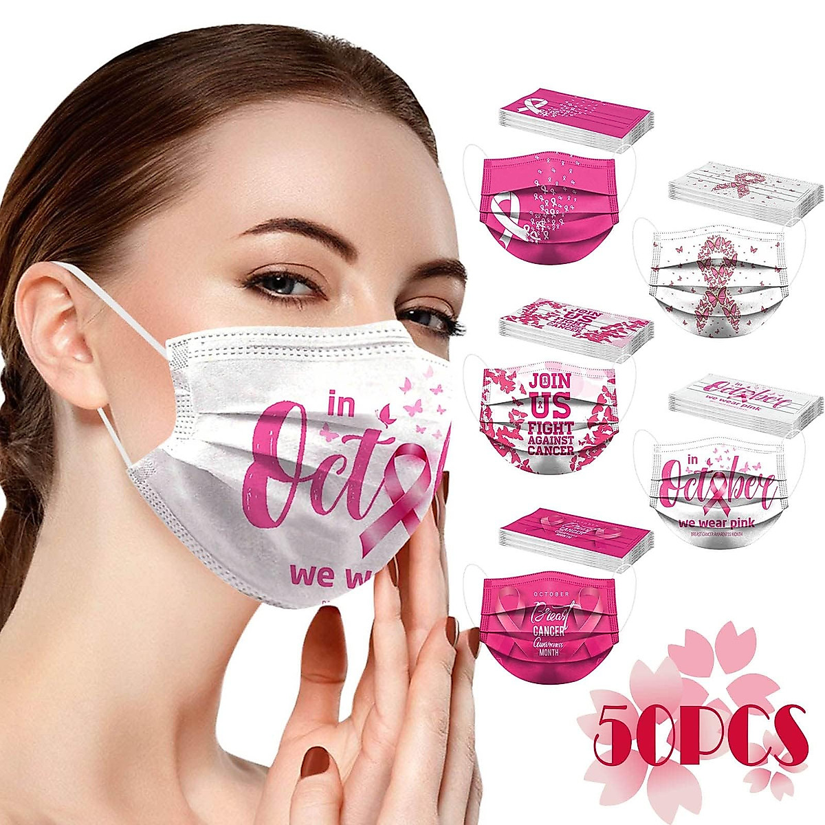 GOGCIAO Breast Cancer Awareness Accessories Disposable Face Cover with Designs for Women,Pink Ribbon Printed Pattern with Nose Wire,50Pcs