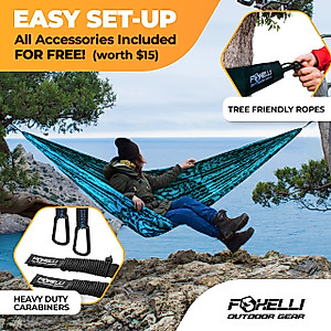Foxelli Camping Hammock – Lightweight Parachute Nylon Portable Hammock with Tree Ropes and Carabiners, Perfect for Outdoors, Backpacking, Hiking, Camping, Travel, Beach, Backyard & Garden