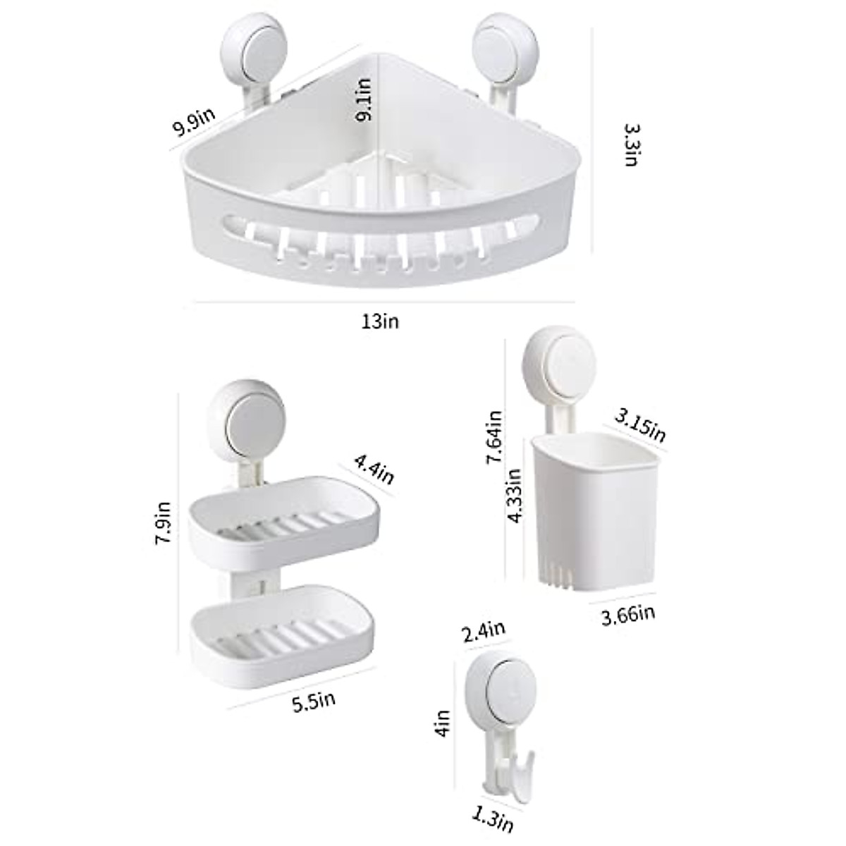 Shower Caddy Suction Cup Set, No-Tool No-Drill No Glue Installation Shower Organizer Set, Removable Suction Corner Shower Shelf Set, Kitchen Organizer Set, Bathroom Caddy Set - Pack of 5, White, Including Corner Caddy, Double Layer Soap Dish, Toothbrush/T