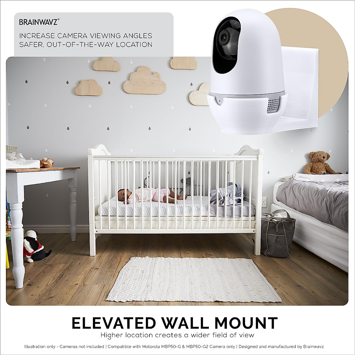 Adhesive Wall Mount for Nooie Cam 360 Baby Monitor Camera Shelf Holder, Easy to Install, No Tools Needed, No Mess, No Drilling, Strong Mount, White by Brainwavz