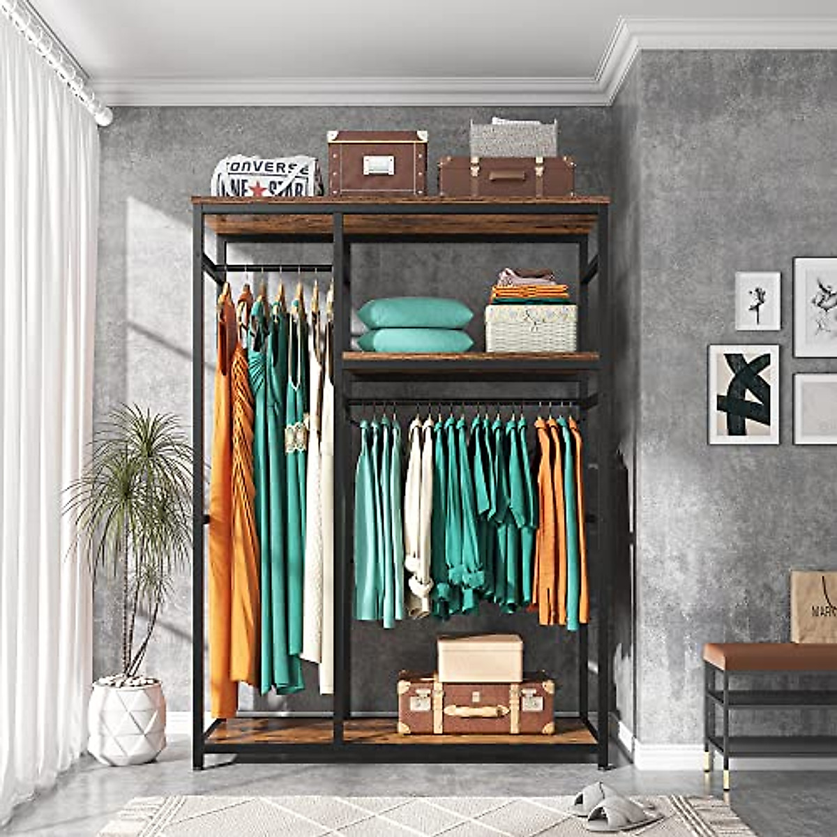 REIBII Free Standing Closet Organizer Heavy Duty, Wardrobe Clothes Organizer, Freestanding Closet Organizer System, Metal Closet Rack Holds 300lbs, Easy Assembly, Clothes Rack, 71"H x 39.5" W x 16" D