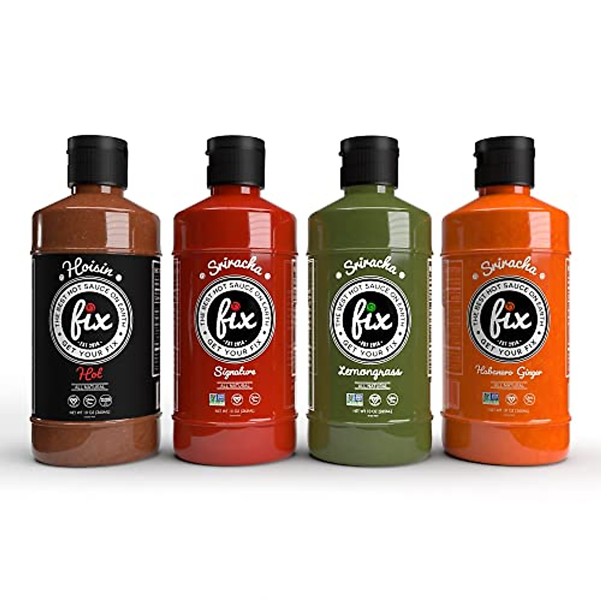 Fix Hot Sauce Variety Pack - Signature Sriracha Sauce, Lemongrass Sriracha, Habanero Ginger, & Hot Hoisin Sauce - Non GMO, Vegan, Gluten Free, Great on Pizza, Hamburgers & Tacos - 10 Oz, 4-Pack