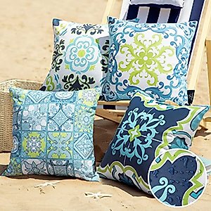 Phantoscope Set of 4 Outdoor Waterproof Throw Pillow Covers,Geometric, Decorative Boho Farmhouse Outdoor Pillows Cushion Case for Home Patio Furnitures Tent Sunbrella, Blue and Green 18x18 Inches
