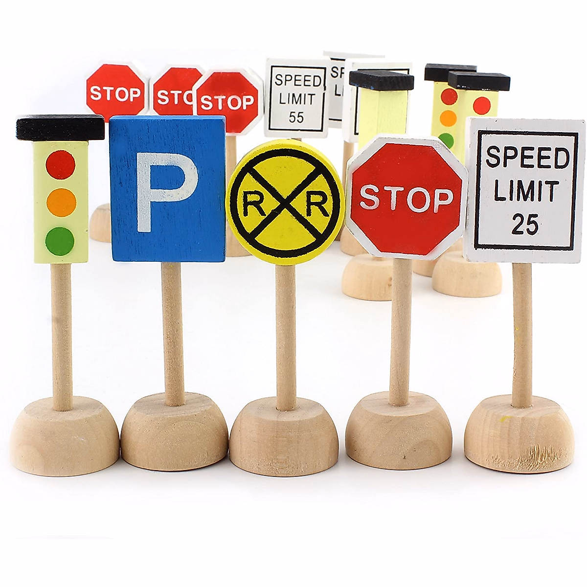Attatoy Kids Wooden Street Signs Playset (14-Piece Set), Wood Traffic Signs Perfect for Car & Train Set