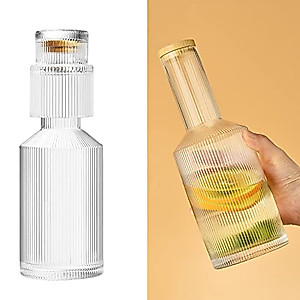 ALINK Glass Bedside Water Carafe with Lid and Glass Cups Set, Ribbed Carafe Glassware Drinking Glasses for Nightstand, 27oz Vintage Fluted Glassware Water Pitcher - Clear