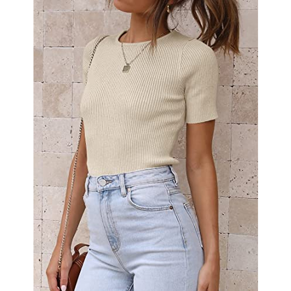ZESICA Women's Short Sleeve Crewneck Ribbed Knit Slim Fit T Shirt 2023 Summer Casual Solid Color Tee Tops,Almond,Small