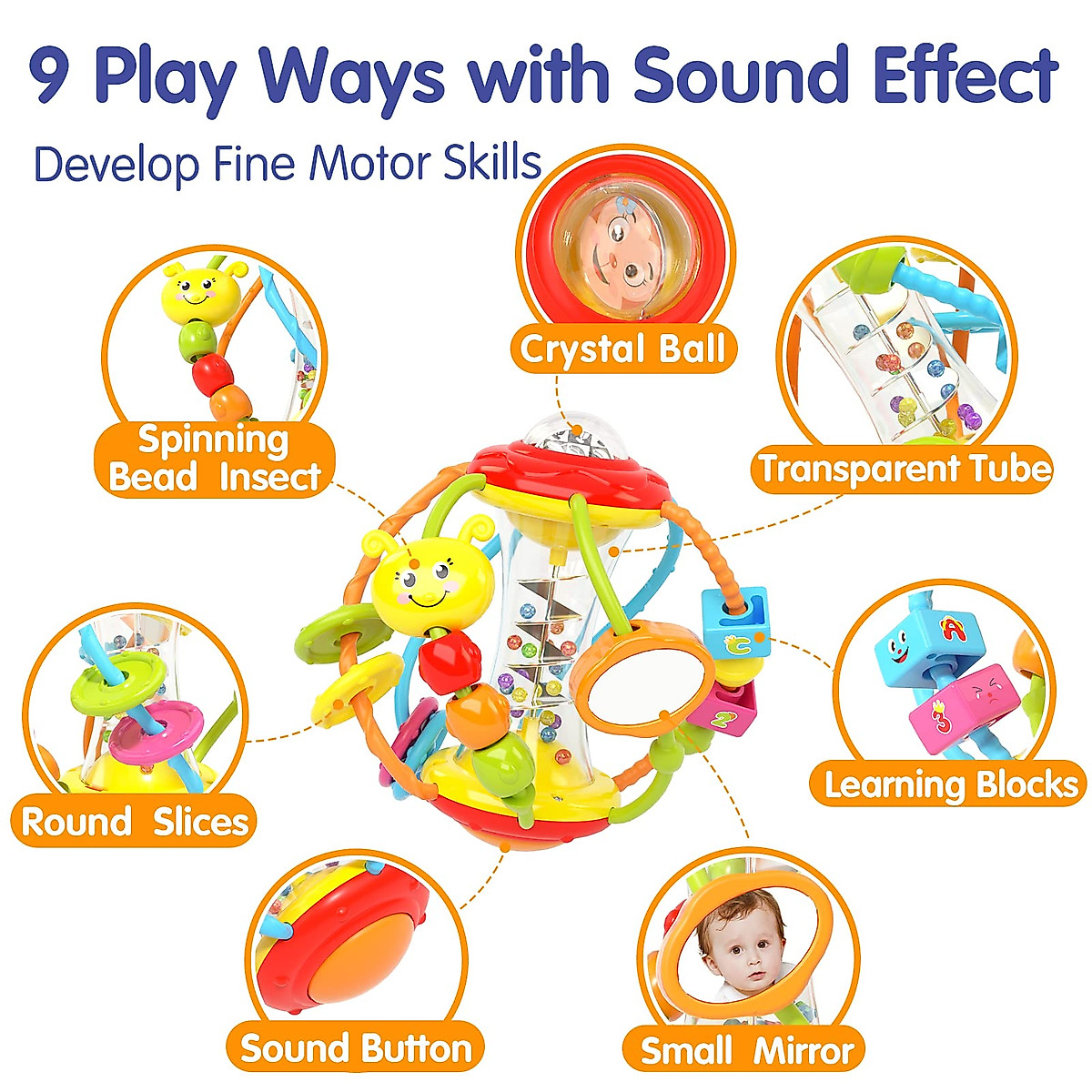 Baby Toys 0-6 Months - Baby Toys 6 to 12 Months Rattles with Mirror Spinner Beads, Activity Ball Infant Toys, Shaker, Grab Rattle for Baby Girl Boy Newborn, Birthday, Christmas Gift