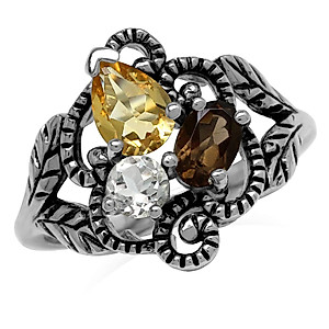 Silvershake Citrine Smoky Quartz and White Topaz 925 Sterling Silver Vintage Style Leaf Ring Size 10